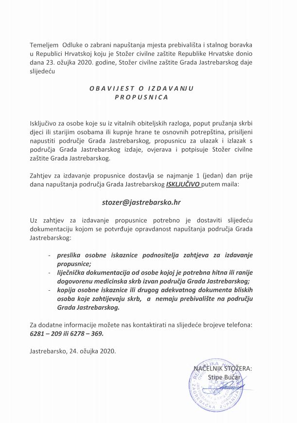 Obavijest o propusnicama gradskog Stožera civilne zaštite